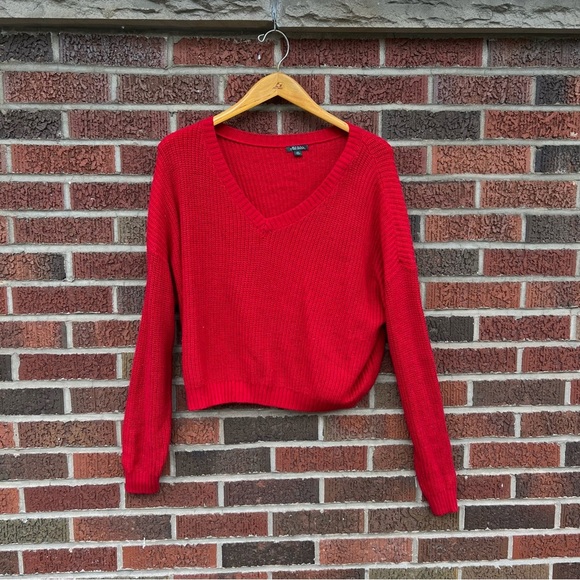 wild fable | Sweaters | Wild Fable Red Chunky Knit V Neck Cropped ...